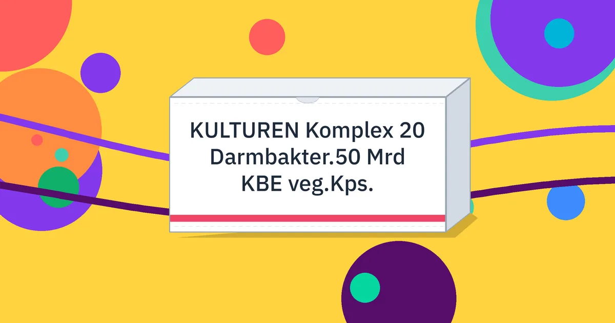 Symbolbild: Packung mit der Aufschrift KULTUREN Komplex 20 Darmbakter.50 Mrd KBE veg.Kps. (PZN 19439796) – Verfügbarkeit und Bezug in Apotheken in Frankfurt am Main