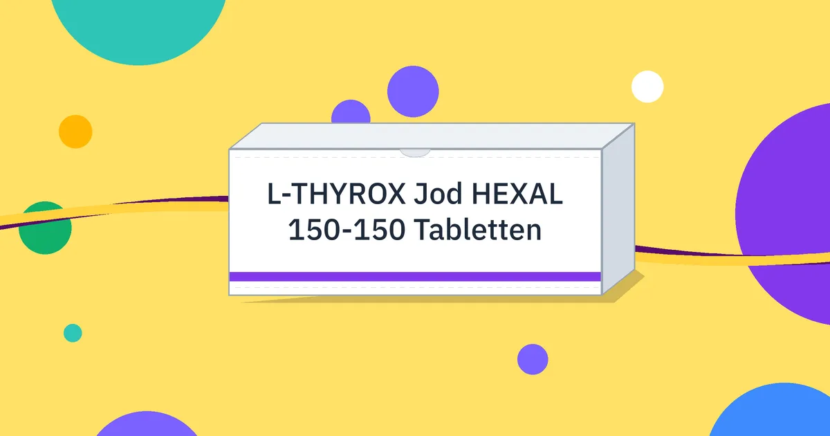Symbolbild: Packung mit der Aufschrift L-THYROX Jod HEXAL 150-150 Tabletten (PZN 04116107) – Verfügbarkeit und Bezug in Apotheken in Frankfurt am Main