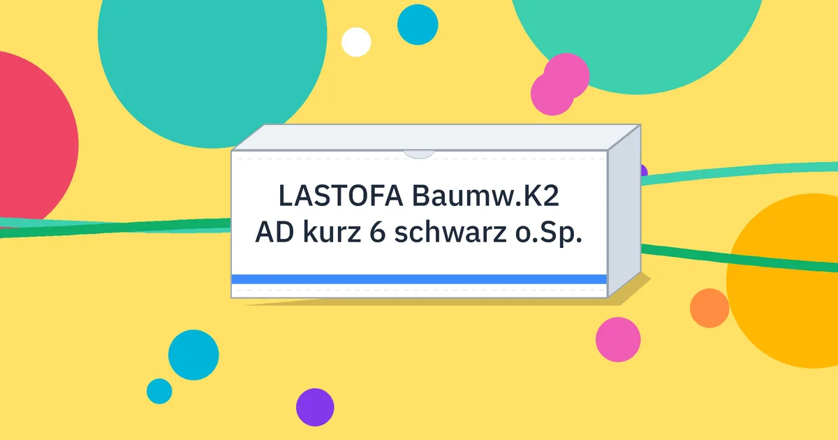 Symbolbild: Packung mit der Aufschrift LASTOFA Baumw.K2 AD kurz 6 schwarz o.Sp. (PZN 01945990) – Verfügbarkeit und Bezug in Apotheken in Frankfurt am Main