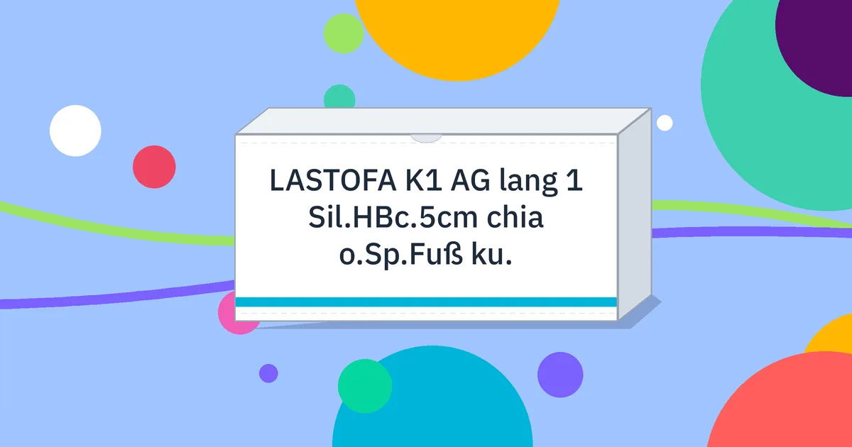 Symbolbild: Packung mit der Aufschrift LASTOFA K1 AG lang 1 Sil.HBc.5cm chia o.Sp.Fuß ku. (PZN 13788478) – Verfügbarkeit und Bezug in Apotheken in Frankfurt am Main