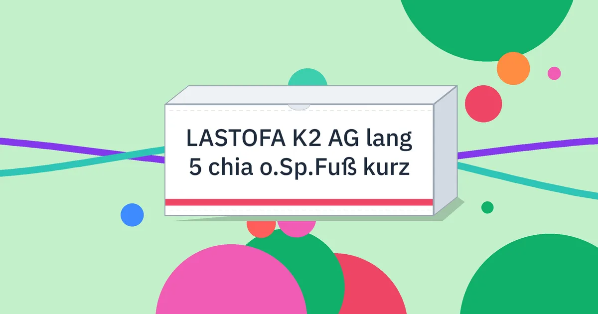 Symbolbild: Packung mit der Aufschrift LASTOFA K2 AG lang 5 chia o.Sp.Fuß kurz (PZN 13806035) – Verfügbarkeit und Bezug in Apotheken in Frankfurt am Main