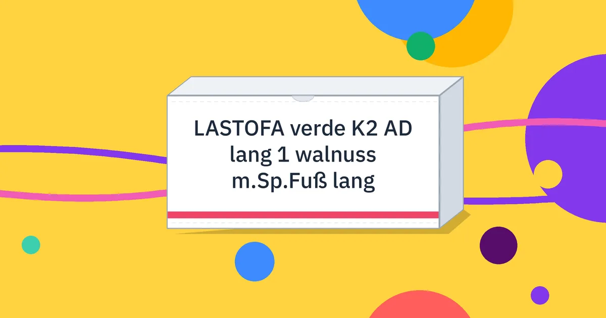 Symbolbild: Packung mit der Aufschrift LASTOFA verde K2 AD lang 1 walnuss m.Sp.Fuß lang (PZN 16721687) – Verfügbarkeit und Bezug in Apotheken in Frankfurt am Main