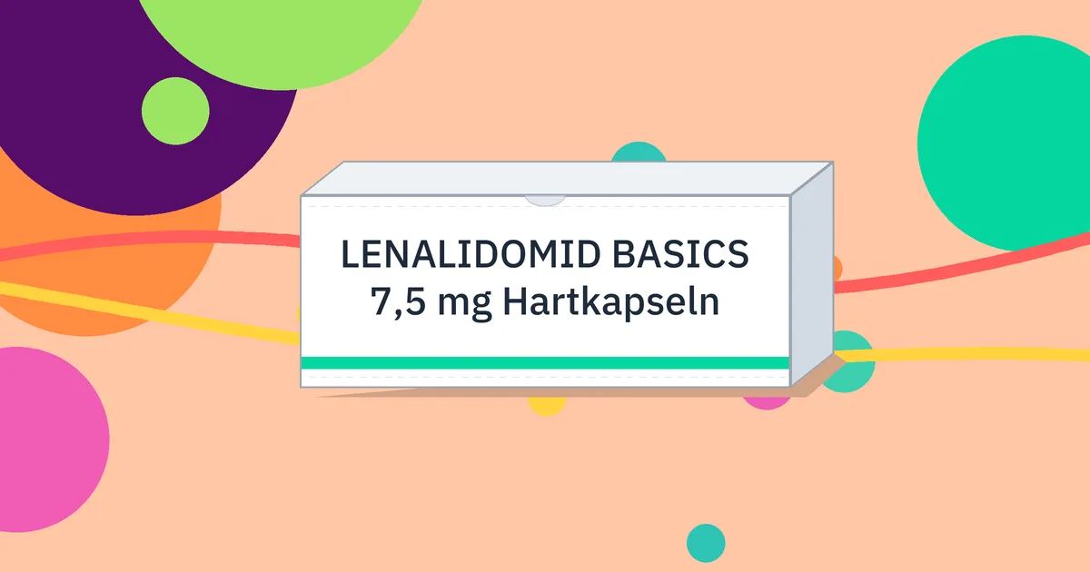 Symbolbild: Packung mit der Aufschrift LENALIDOMID BASICS 7,5 mg Hartkapseln (PZN 17816562) – Verfügbarkeit und Bezug in Apotheken in Frankfurt am Main