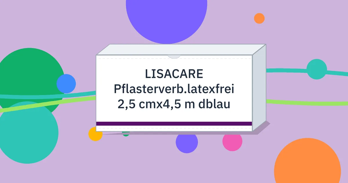 Symbolbild: Packung mit der Aufschrift LISACARE Pflasterverb.latexfrei 2,5 cmx4,5 m dblau (PZN 18324714) – Verfügbarkeit und Bezug in Apotheken in Frankfurt am Main