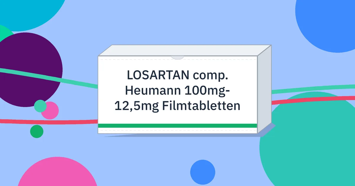 Symbolbild: Packung mit der Aufschrift LOSARTAN comp. Heumann 100mg-12,5mg Filmtabletten (PZN 06142020) – Verfügbarkeit und Bezug in Apotheken in Frankfurt am Main