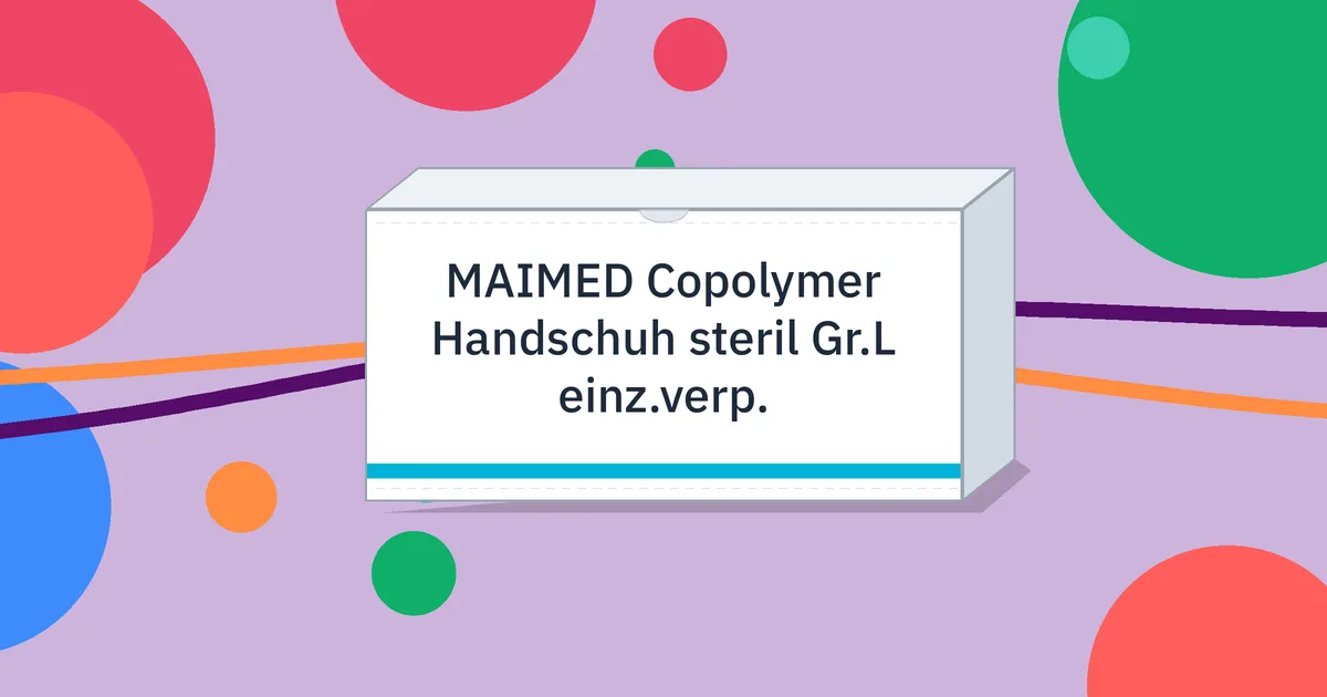 Symbolbild: Packung mit der Aufschrift MAIMED Copolymer Handschuh steril Gr.L einz.verp. (PZN 09522390) – Verfügbarkeit und Bezug in Apotheken in Frankfurt am Main