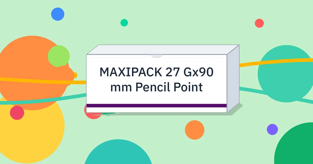 Symbolbild: Packung mit der Aufschrift MAXIPACK 27 Gx90 mm Pencil Point (PZN 09217793) – Verfügbarkeit und Bezug in Apotheken in Frankfurt am Main