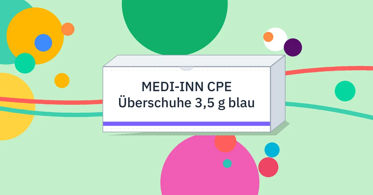 Symbolbild: Packung mit der Aufschrift MEDI-INN CPE Überschuhe 3,5 g blau (PZN 07110223) – Verfügbarkeit und Bezug in Apotheken in Frankfurt am Main