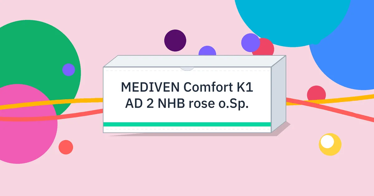 Symbolbild: Packung mit der Aufschrift MEDIVEN Comfort K1 AD 2 NHB rose o.Sp. (PZN 14560139) – Verfügbarkeit und Bezug in Apotheken in Frankfurt am Main