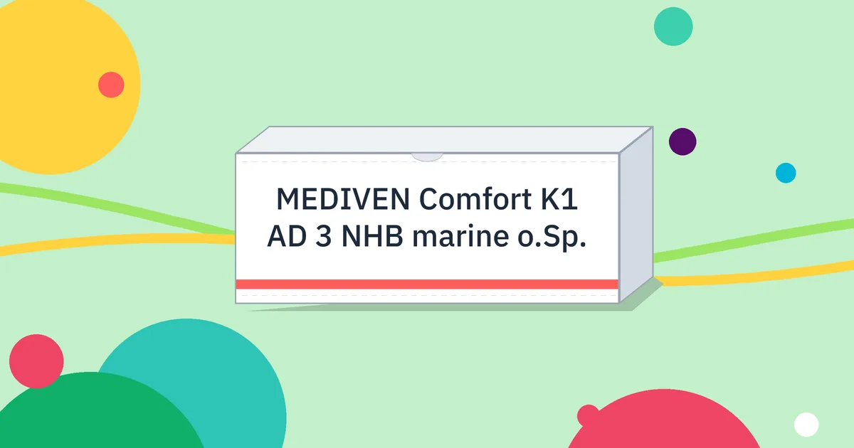 Symbolbild: Packung mit der Aufschrift MEDIVEN Comfort K1 AD 3 NHB marine o.Sp. (PZN 14560889) – Verfügbarkeit und Bezug in Apotheken in Frankfurt am Main