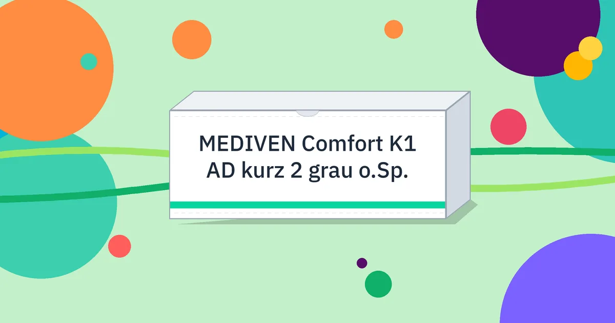 Symbolbild: Packung mit der Aufschrift MEDIVEN Comfort K1 AD kurz 2 grau o.Sp. (PZN 19005804) – Verfügbarkeit und Bezug in Apotheken in Frankfurt am Main