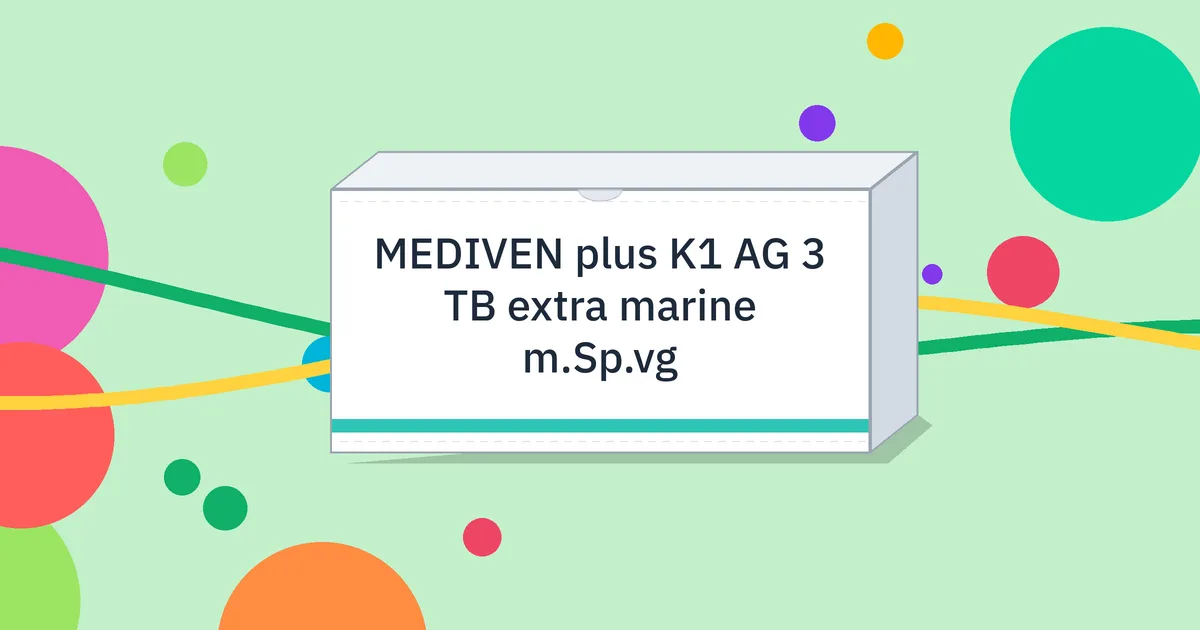 Symbolbild: Packung mit der Aufschrift MEDIVEN plus K1 AG 3 TB extra marine m.Sp.vg (PZN 15062053) – Verfügbarkeit und Bezug in Apotheken in Frankfurt am Main