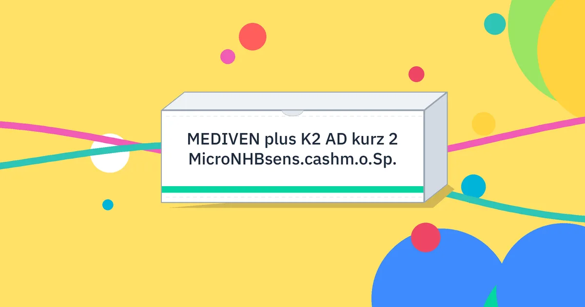 Symbolbild: Packung mit der Aufschrift MEDIVEN plus K2 AD kurz 2 MicroNHBsens.cashm.o.Sp. (PZN 15933602) – Verfügbarkeit und Bezug in Apotheken in Frankfurt am Main