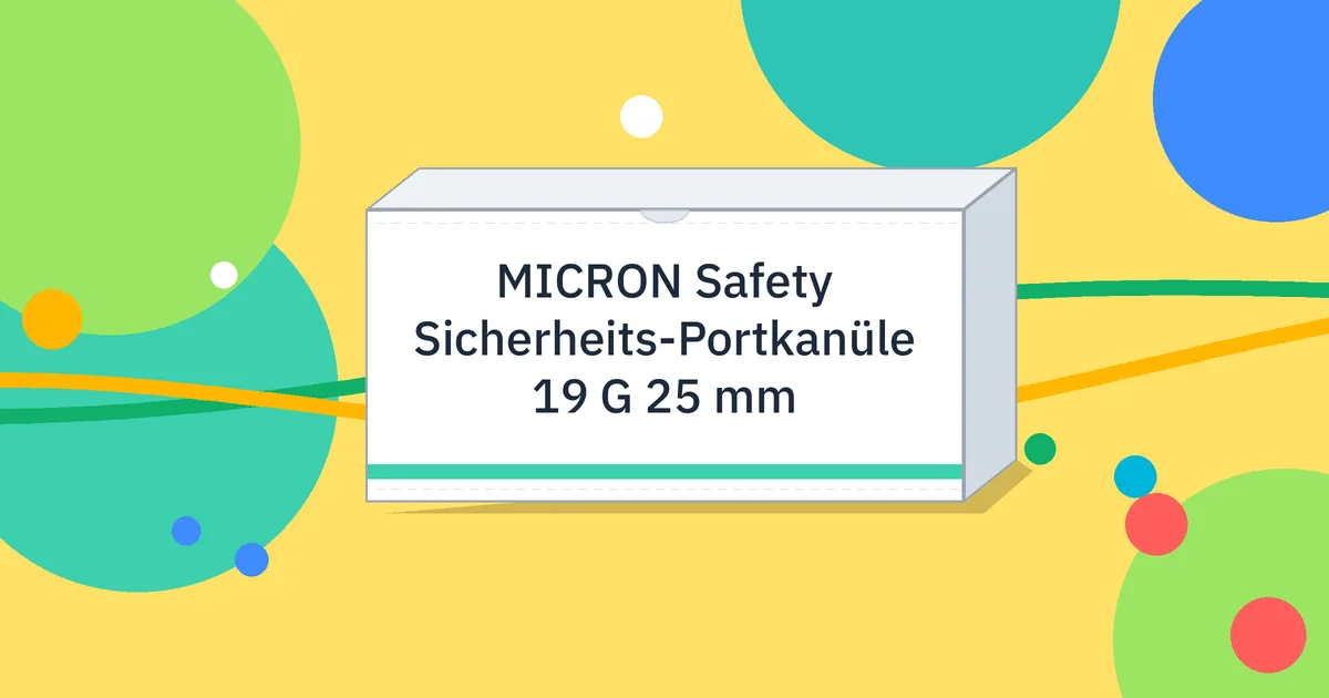 Symbolbild: Packung mit der Aufschrift MICRON Safety Sicherheits-Portkanüle 19 G 25 mm (PZN 19113238) – Verfügbarkeit und Bezug in Apotheken in Frankfurt am Main