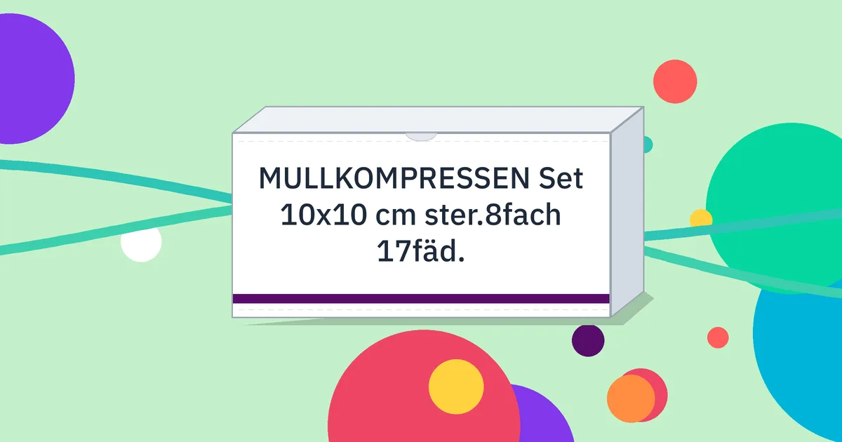 Symbolbild: Packung mit der Aufschrift MULLKOMPRESSEN Set 10x10 cm ster.8fach 17fäd. (PZN 06929582) – Verfügbarkeit und Bezug in Apotheken in Frankfurt am Main