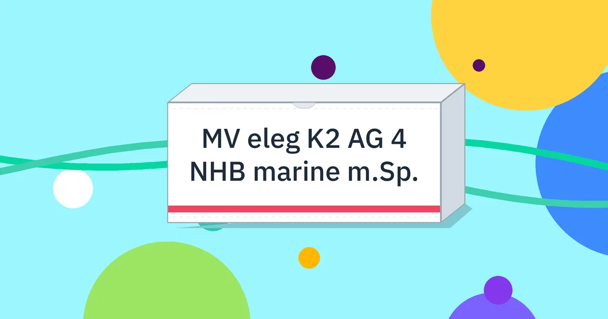 Symbolbild: Packung mit der Aufschrift MV eleg K2 AG 4 NHB marine m.Sp. (PZN 15731235) – Verfügbarkeit und Bezug in Apotheken in Frankfurt am Main