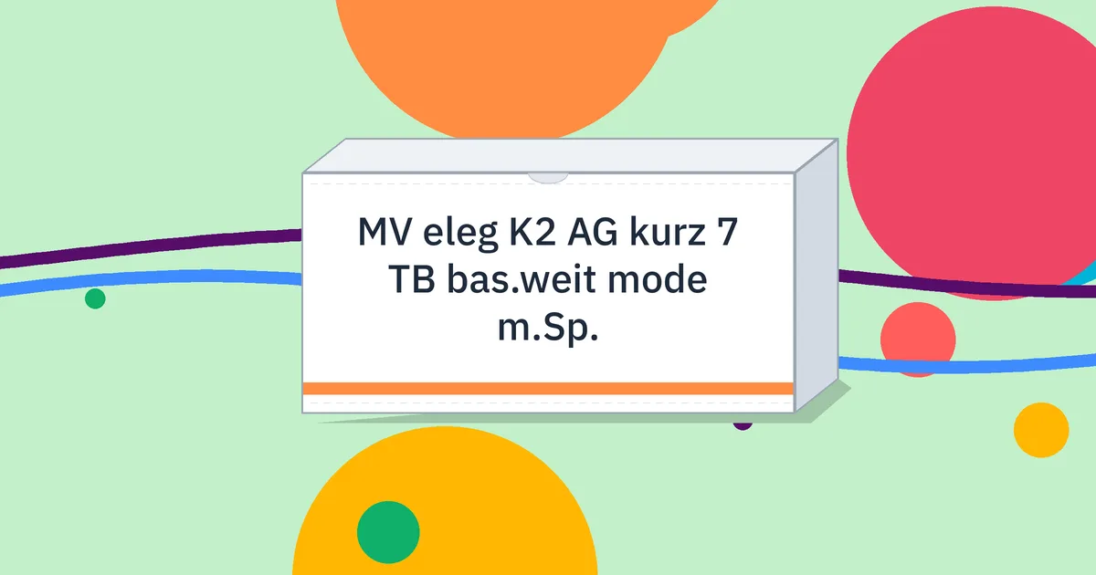 Symbolbild: Packung mit der Aufschrift MV eleg K2 AG kurz 7 TB bas.weit mode m.Sp. (PZN 09863004) – Verfügbarkeit und Bezug in Apotheken in Frankfurt am Main