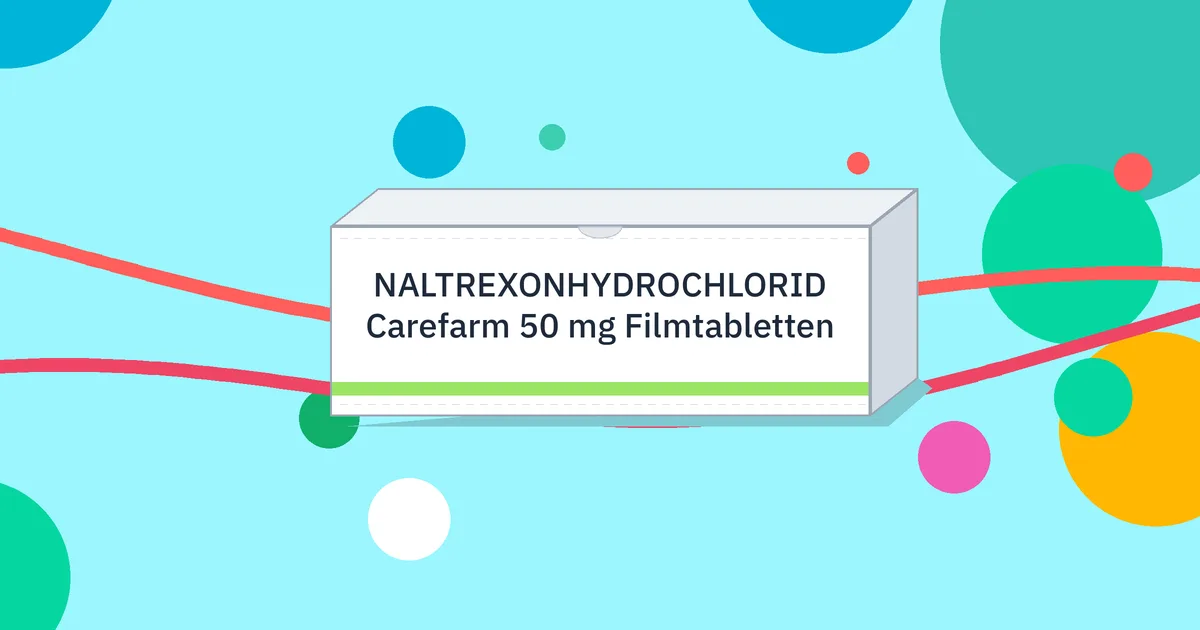 Symbolbild: Packung mit der Aufschrift NALTREXONHYDROCHLORID Carefarm 50 mg Filmtabletten (PZN 19361717) – Verfügbarkeit und Bezug in Apotheken in Frankfurt am Main
