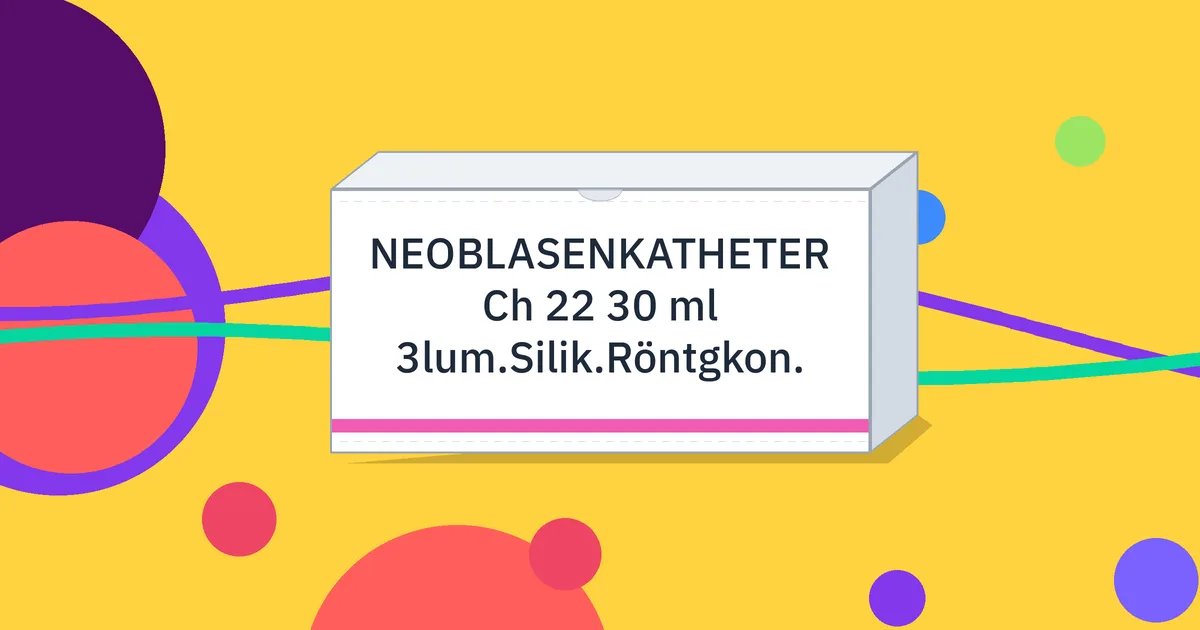 Symbolbild: Packung mit der Aufschrift NEOBLASENKATHETER Ch 22 30 ml 3lum.Silik.Röntgkon. (PZN 17508197) – Verfügbarkeit und Bezug in Apotheken in Frankfurt am Main