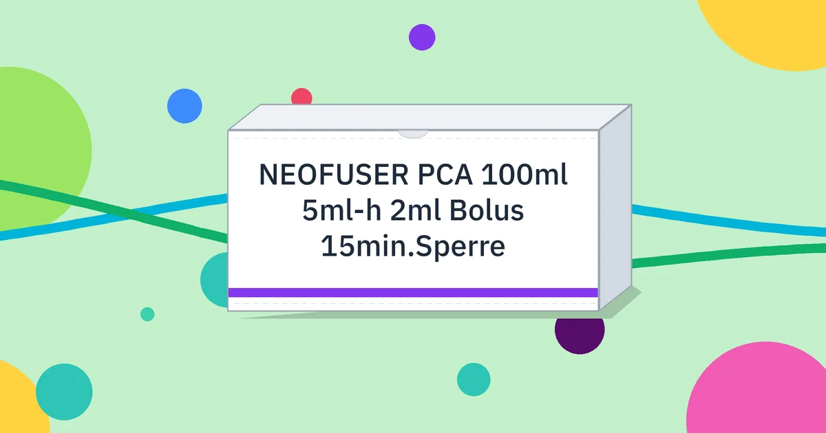 Symbolbild: Packung mit der Aufschrift NEOFUSER PCA 100ml 5ml-h 2ml Bolus 15min.Sperre (PZN 16512529) – Verfügbarkeit und Bezug in Apotheken in Frankfurt am Main