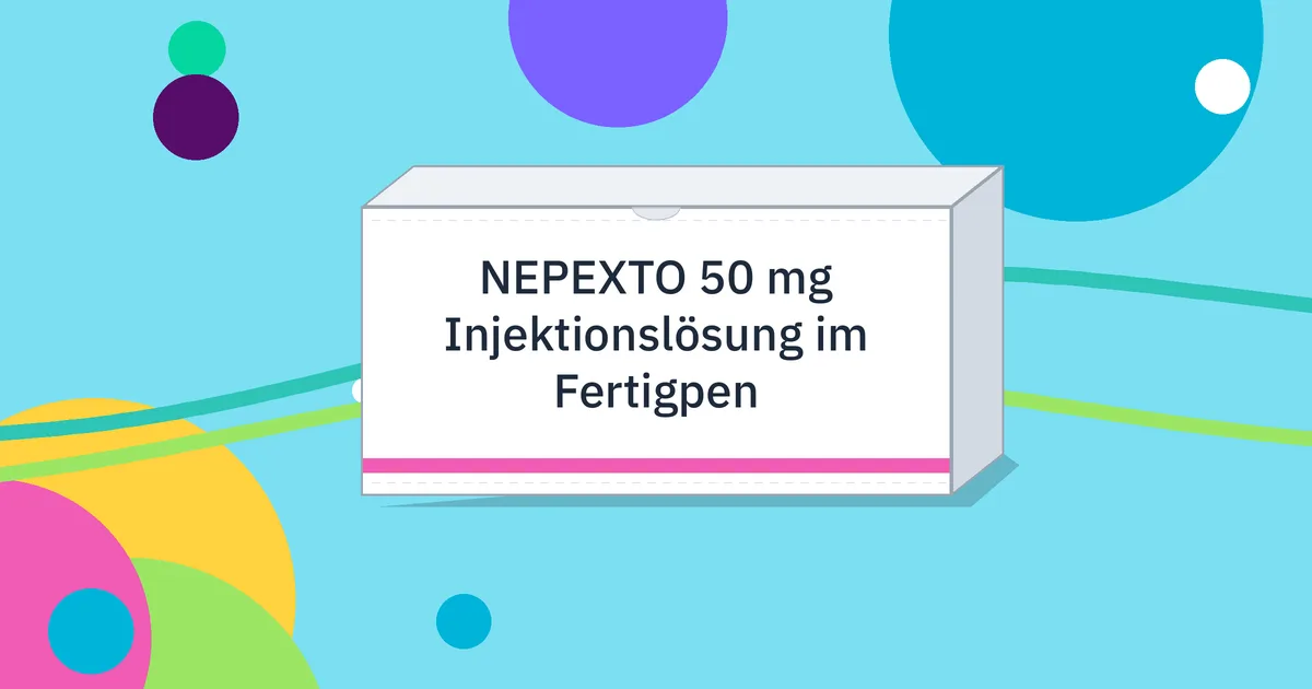 Symbolbild: Packung mit der Aufschrift NEPEXTO 50 mg Injektionslösung im Fertigpen (PZN 19521492) – Verfügbarkeit und Bezug in Apotheken in Frankfurt am Main