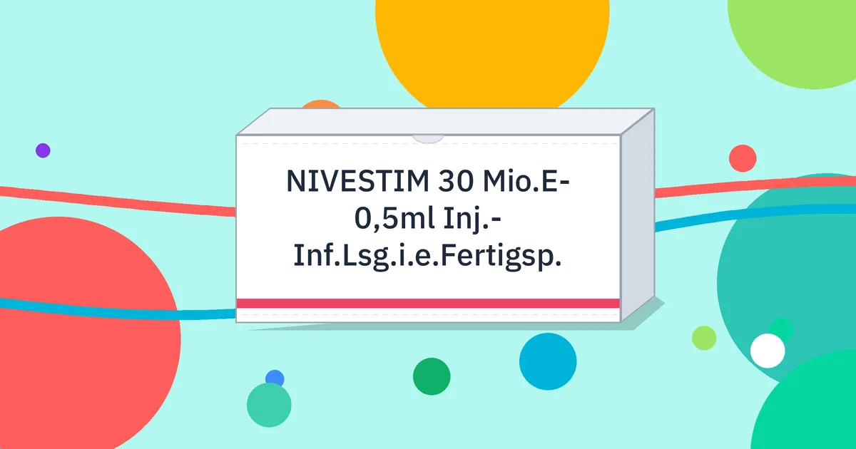 Symbolbild: Packung mit der Aufschrift NIVESTIM 30 Mio.E-0,5ml Inj.-Inf.Lsg.i.e.Fertigsp. (PZN 10541843) – Verfügbarkeit und Bezug in Apotheken in Frankfurt am Main