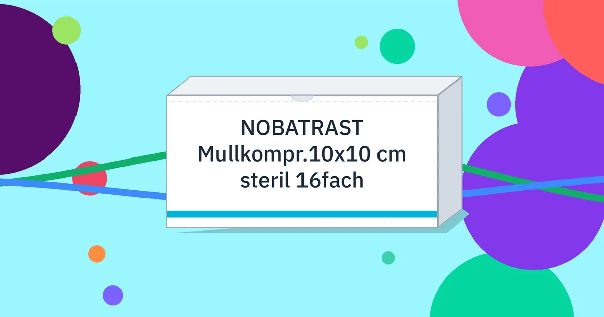 Symbolbild: Packung mit der Aufschrift NOBATRAST Mullkompr.10x10 cm steril 16fach (PZN 08849031) – Verfügbarkeit und Bezug in Apotheken in Frankfurt am Main