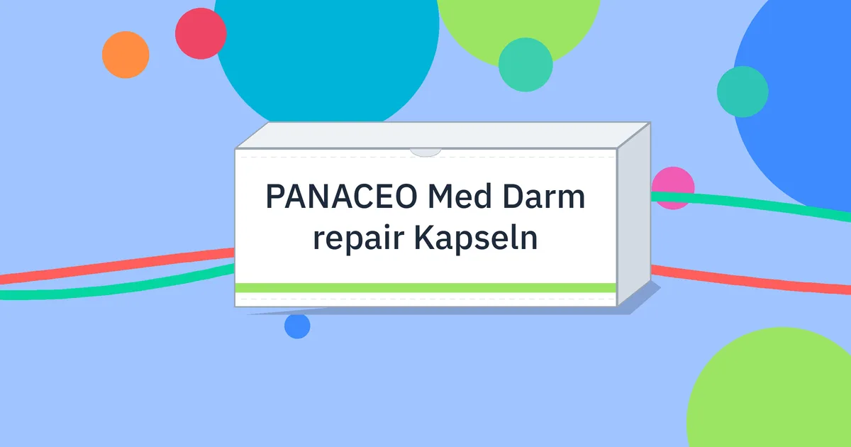 Symbolbild: Packung mit der Aufschrift PANACEO Med Darm repair Kapseln (PZN 16886336) – Verfügbarkeit und Bezug in Apotheken in Frankfurt am Main