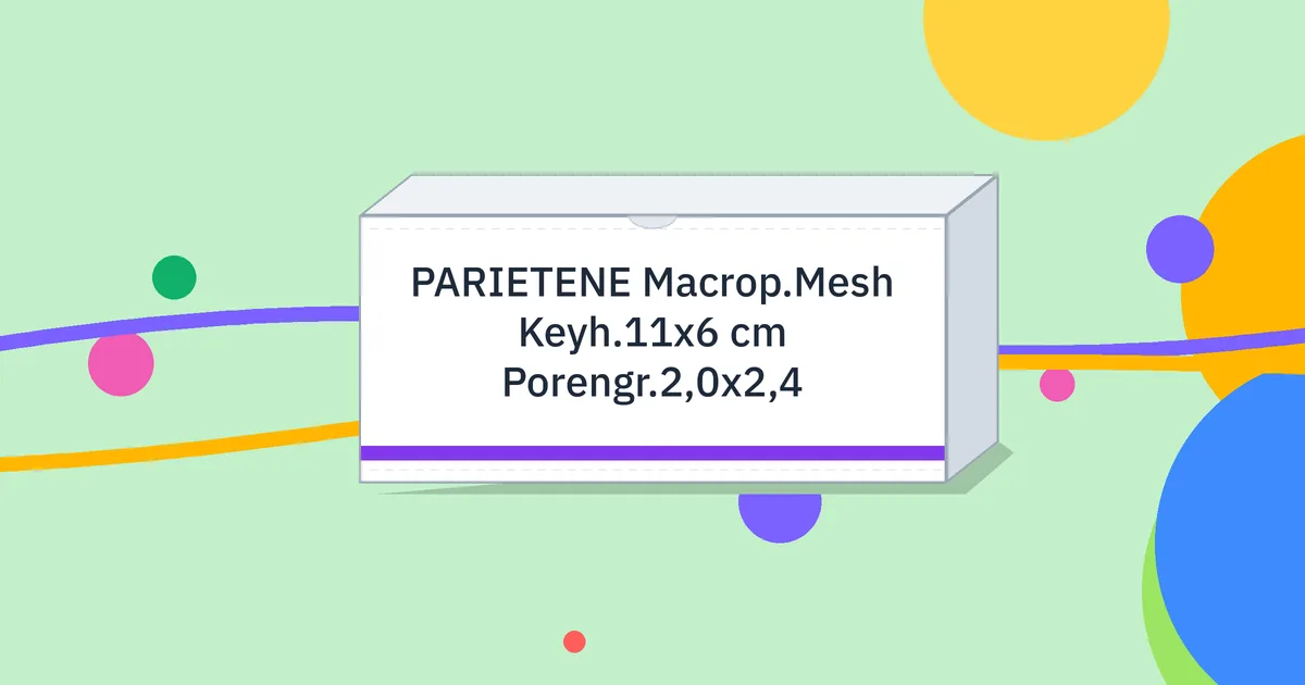 Symbolbild: Packung mit der Aufschrift PARIETENE Macrop.Mesh Keyh.11x6 cm Porengr.2,0x2,4 (PZN 11314693) – Verfügbarkeit und Bezug in Apotheken in Frankfurt am Main