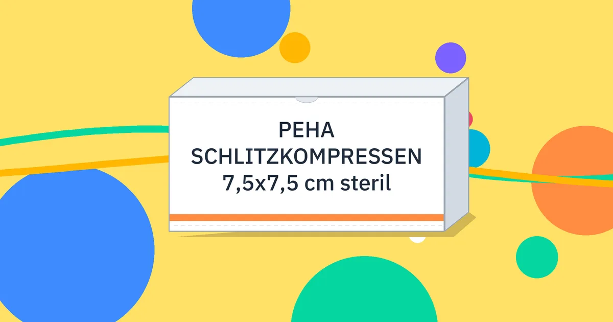 Symbolbild: Packung mit der Aufschrift PEHA SCHLITZKOMPRESSEN 7,5x7,5 cm steril (PZN 19401598) – Verfügbarkeit und Bezug in Apotheken in Frankfurt am Main