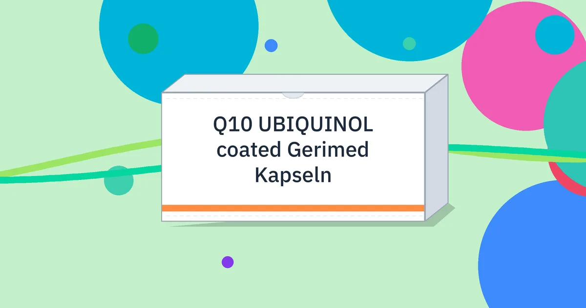Symbolbild: Packung mit der Aufschrift Q10 UBIQUINOL coated Gerimed Kapseln (PZN 14191423) – Verfügbarkeit und Bezug in Apotheken in Frankfurt am Main