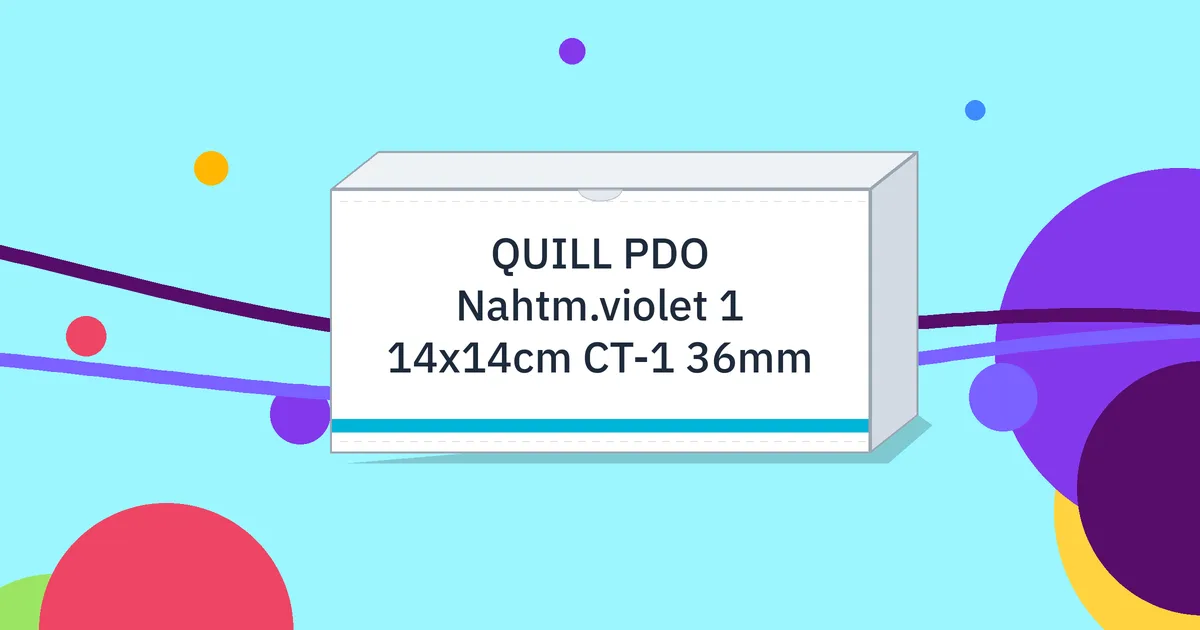 Symbolbild: Packung mit der Aufschrift QUILL PDO Nahtm.violet 1 14x14cm CT-1 36mm (PZN 17989280) – Verfügbarkeit und Bezug in Apotheken in Frankfurt am Main