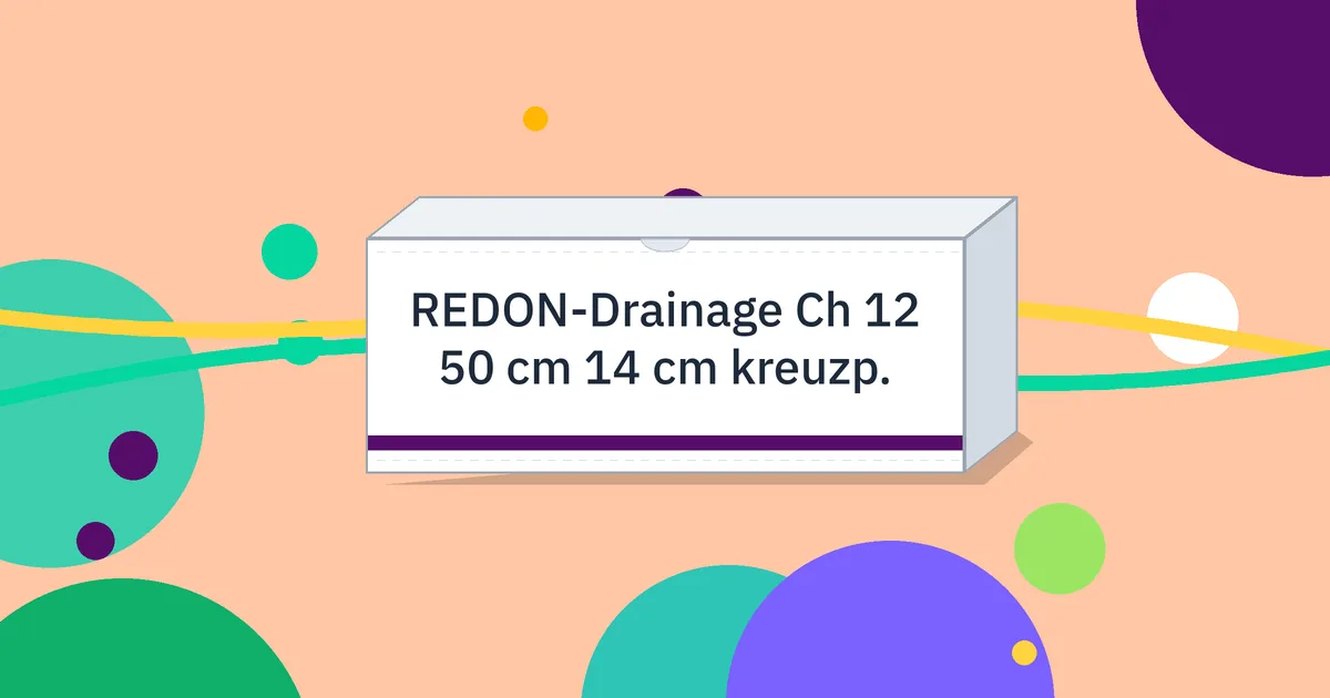 Symbolbild: Packung mit der Aufschrift REDON-Drainage Ch 12 50 cm 14 cm kreuzp. (PZN 17485303) – Verfügbarkeit und Bezug in Apotheken in Frankfurt am Main