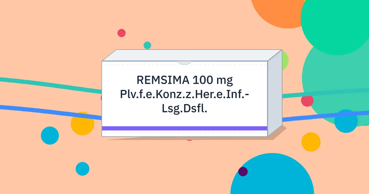 Symbolbild: Packung mit der Aufschrift REMSIMA 100 mg Plv.f.e.Konz.z.Her.e.Inf.-Lsg.Dsfl. (PZN 11144363) – Verfügbarkeit und Bezug in Apotheken in Frankfurt am Main