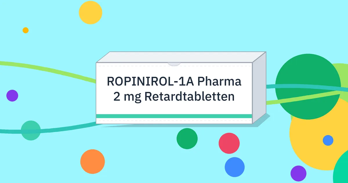Symbolbild: Packung mit der Aufschrift ROPINIROL-1A Pharma 2 mg Retardtabletten (PZN 09080621) – Verfügbarkeit und Bezug in Apotheken in Frankfurt am Main
