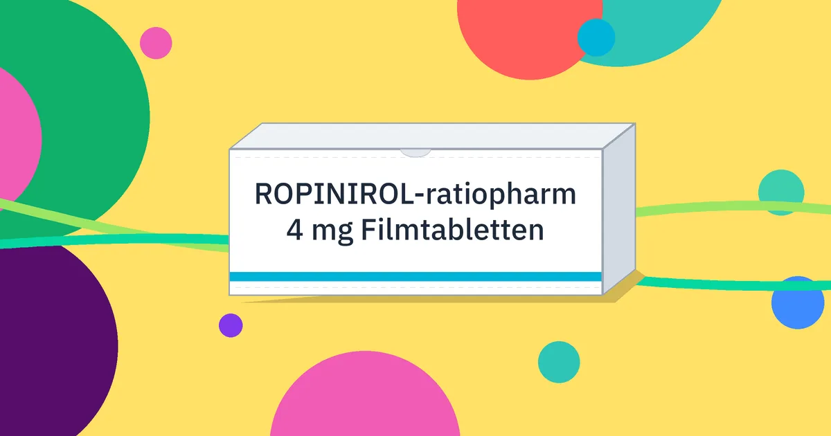 Symbolbild: Packung mit der Aufschrift ROPINIROL-ratiopharm 4 mg Filmtabletten (PZN 03397251) – Verfügbarkeit und Bezug in Apotheken in Frankfurt am Main