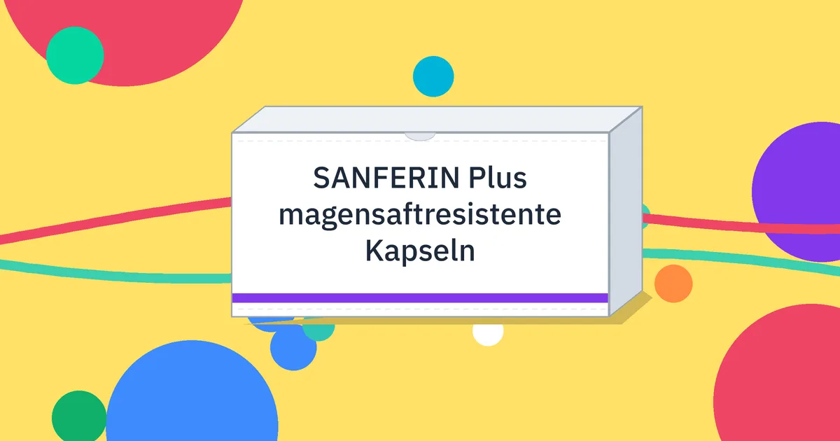 Symbolbild: Packung mit der Aufschrift SANFERIN Plus magensaftresistente Kapseln (PZN 20351500) – Verfügbarkeit und Bezug in Apotheken in Frankfurt am Main