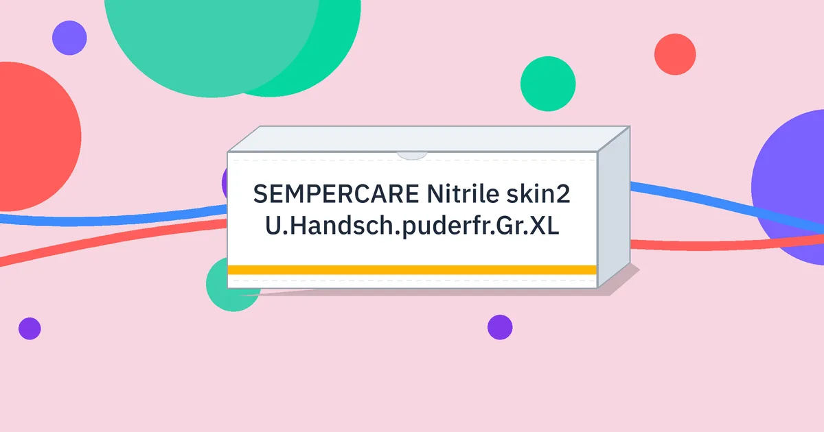 Symbolbild: Packung mit der Aufschrift SEMPERCARE Nitrile skin2 U.Handsch.puderfr.Gr.XL (PZN 07580207) – Verfügbarkeit und Bezug in Apotheken in Frankfurt am Main