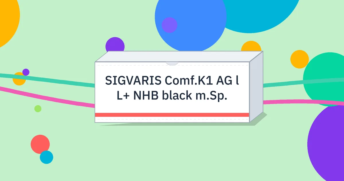 Symbolbild: Packung mit der Aufschrift SIGVARIS Comf.K1 AG l L+ NHB black m.Sp. (PZN 17100289) – Verfügbarkeit und Bezug in Apotheken in Frankfurt am Main
