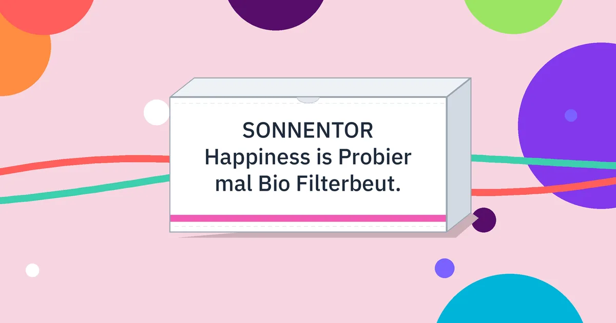 Symbolbild: Packung mit der Aufschrift SONNENTOR Happiness is Probier mal Bio Filterbeut. (PZN 18903062) – Verfügbarkeit und Bezug in Apotheken in Frankfurt am Main