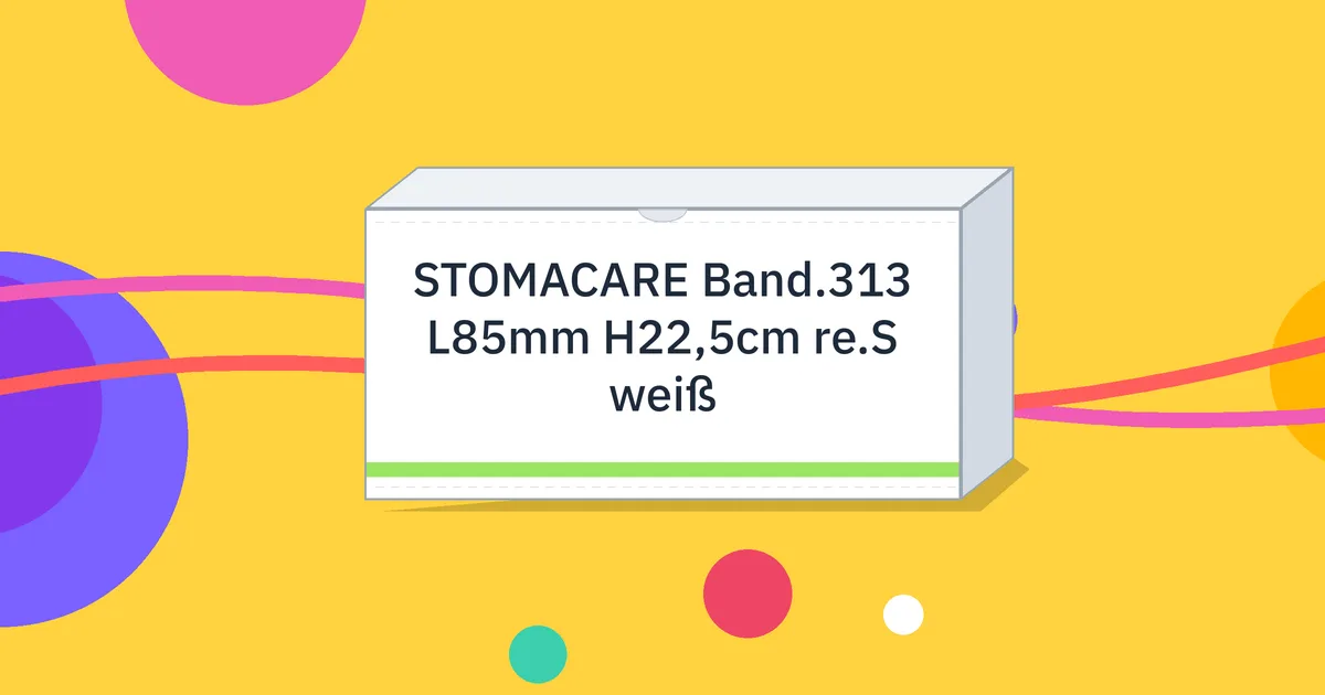 Symbolbild: Packung mit der Aufschrift STOMACARE Band.313 L85mm H22,5cm re.S weiß (PZN 09436911) – Verfügbarkeit und Bezug in Apotheken in Frankfurt am Main