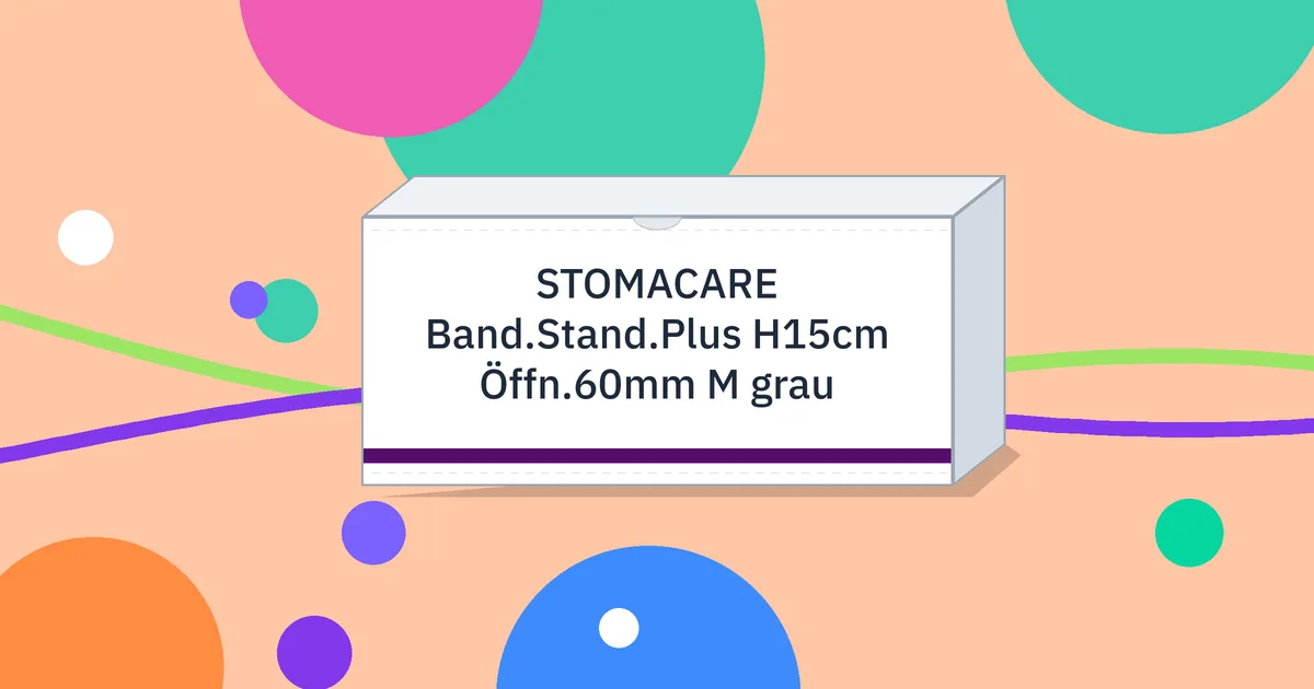 Symbolbild: Packung mit der Aufschrift STOMACARE Band.Stand.Plus H15cm Öffn.60mm M grau (PZN 16750281) – Verfügbarkeit und Bezug in Apotheken in Frankfurt am Main