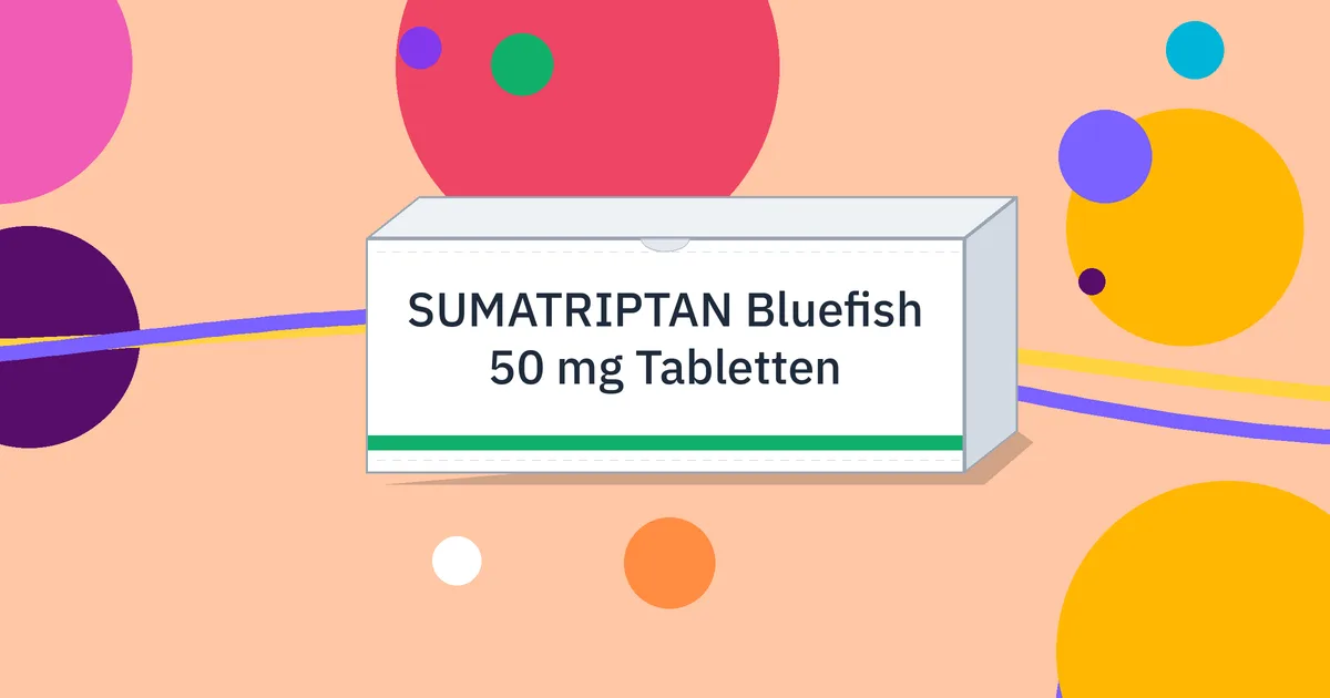 Symbolbild: Packung mit der Aufschrift SUMATRIPTAN Bluefish 50 mg Tabletten (PZN 09068554) – Verfügbarkeit und Bezug in Apotheken in Frankfurt am Main