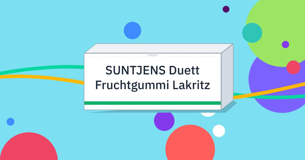 Symbolbild: Packung mit der Aufschrift SUNTJENS Duett Fruchtgummi Lakritz (PZN 16776317) – Verfügbarkeit und Bezug in Apotheken in Frankfurt am Main