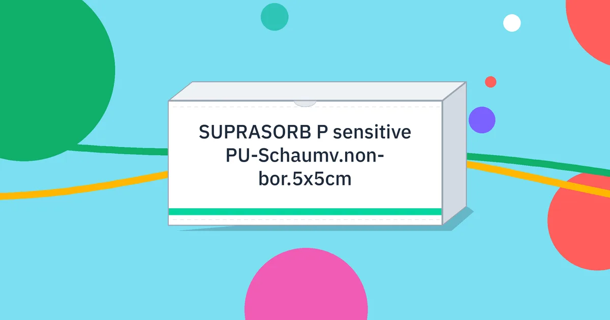 Symbolbild: Packung mit der Aufschrift SUPRASORB P sensitive PU-Schaumv.non-bor.5x5cm (PZN 19763290) – Verfügbarkeit und Bezug in Apotheken in Frankfurt am Main