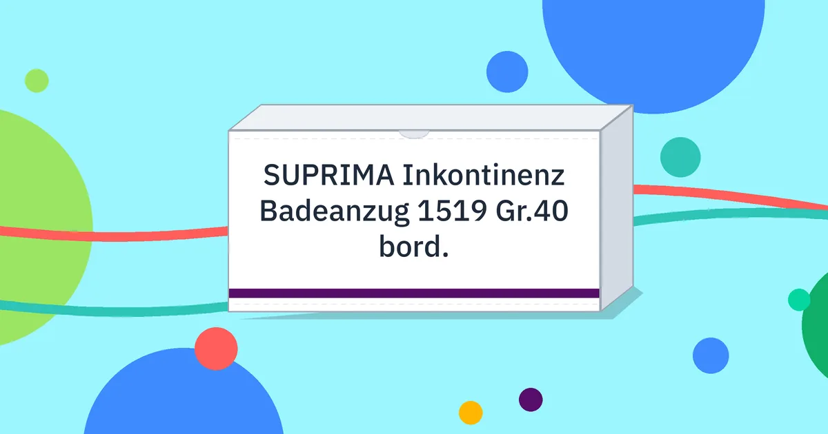 Symbolbild: Packung mit der Aufschrift SUPRIMA Inkontinenz Badeanzug 1519 Gr.40 bord. (PZN 04376541) – Verfügbarkeit und Bezug in Apotheken in Frankfurt am Main