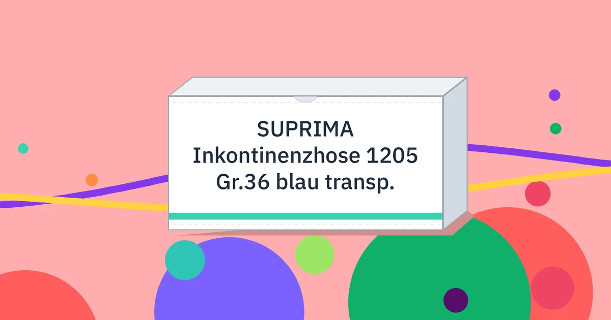 Symbolbild: Packung mit der Aufschrift SUPRIMA Inkontinenzhose 1205 Gr.36 blau transp. (PZN 01365608) – Verfügbarkeit und Bezug in Apotheken in Frankfurt am Main