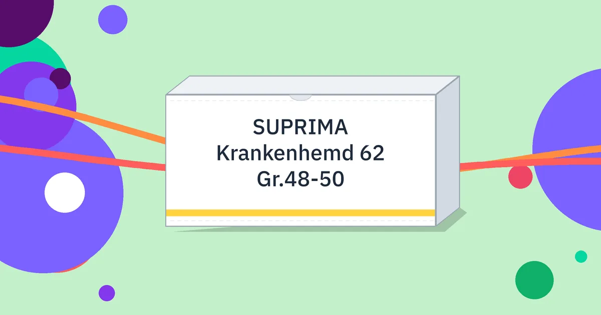 Symbolbild: Packung mit der Aufschrift SUPRIMA Krankenhemd 62 Gr.48-50 (PZN 07671370) – Verfügbarkeit und Bezug in Apotheken in Frankfurt am Main