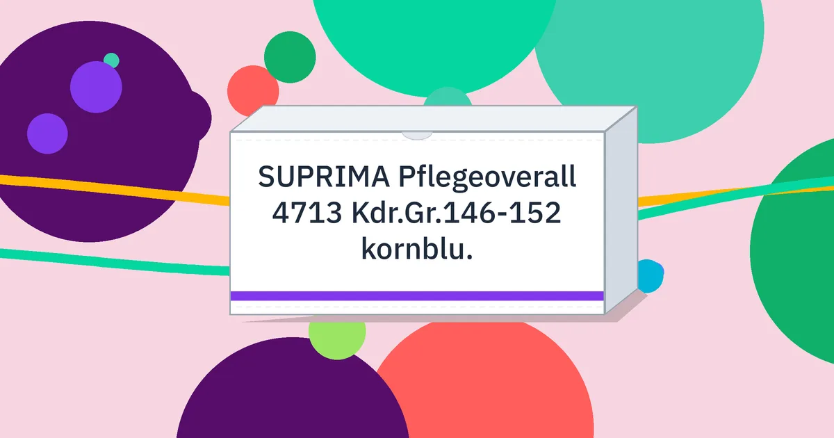 Symbolbild: Packung mit der Aufschrift SUPRIMA Pflegeoverall 4713 Kdr.Gr.146-152 kornblu. (PZN 11674724) – Verfügbarkeit und Bezug in Apotheken in Frankfurt am Main
