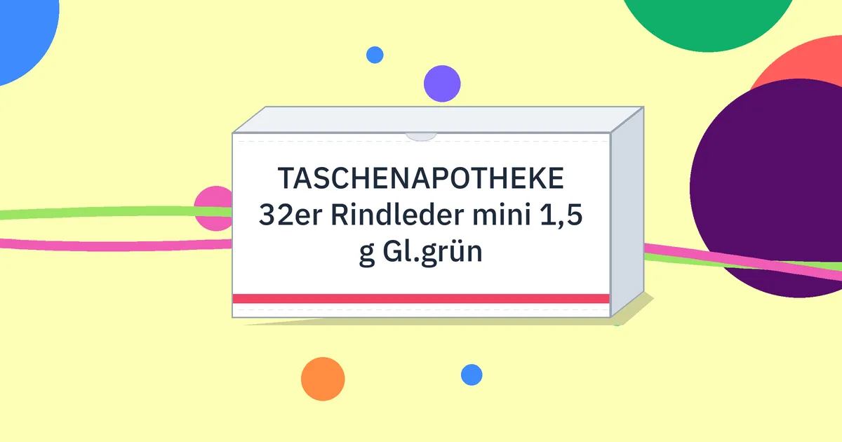 Symbolbild: Packung mit der Aufschrift TASCHENAPOTHEKE 32er Rindleder mini 1,5 g Gl.grün (PZN 11035585) – Verfügbarkeit und Bezug in Apotheken in Frankfurt am Main